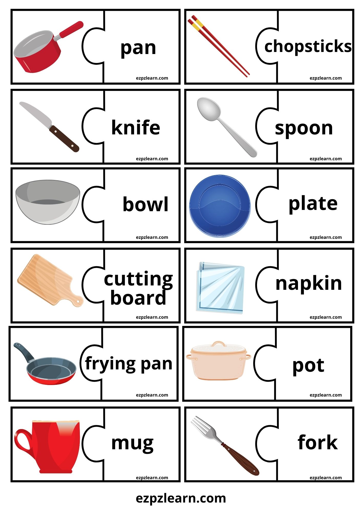 Kitchen Utensils Word Match Game Ezpzlearn